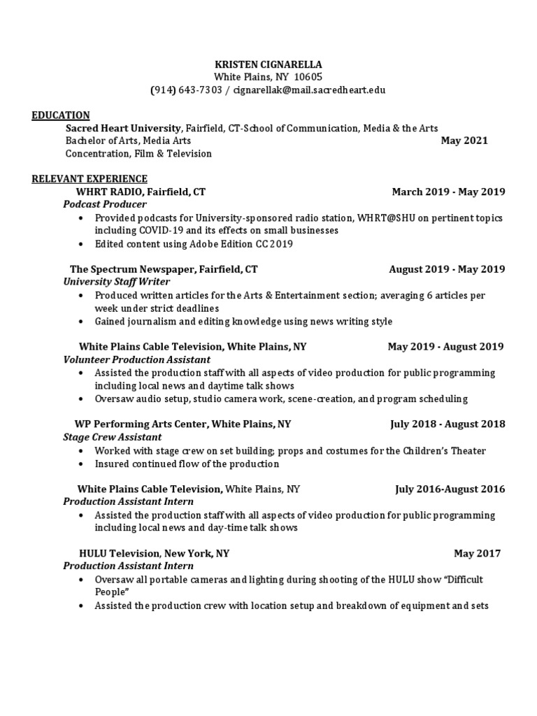 Kristen Cignarella: Media Arts Resume | PDF | Entertainment | Communication