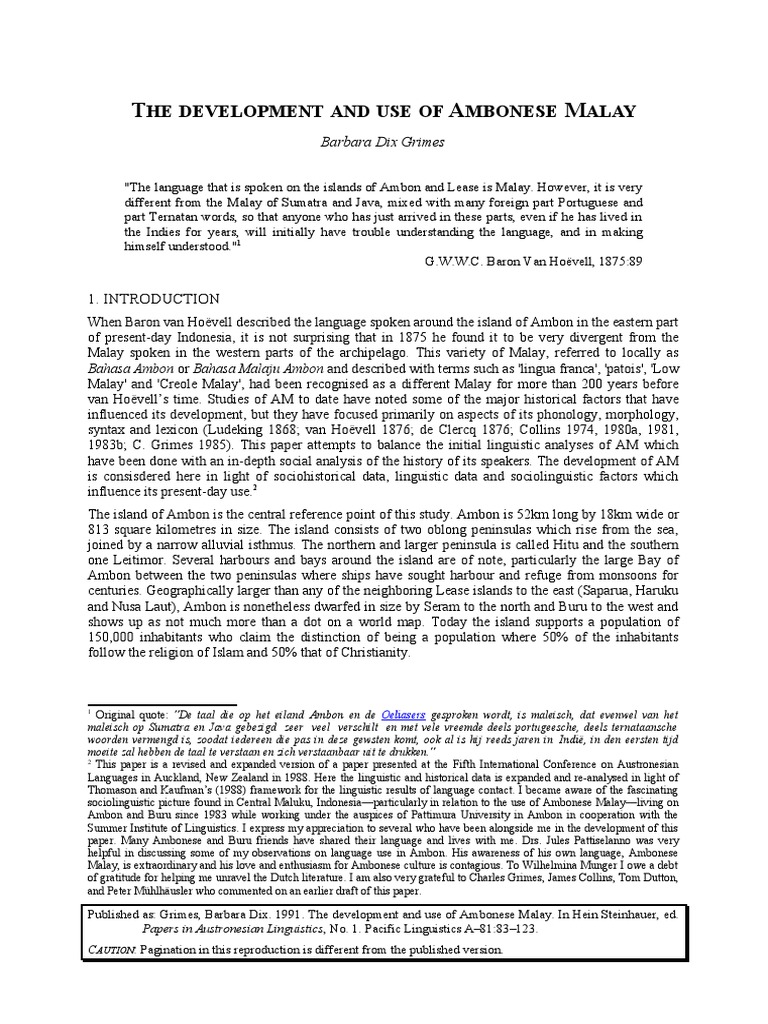 The Development and Use of Ambonese Malay - BD Grimes | PDF ...