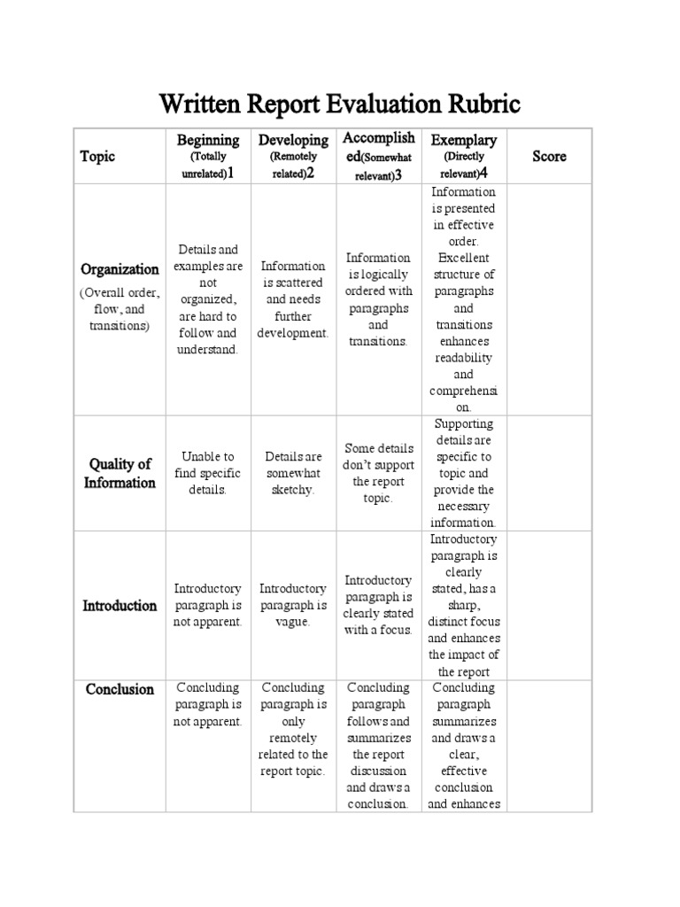 Written Report Evaluation Rubric: Topic Beginning 1 Developing 2 ...