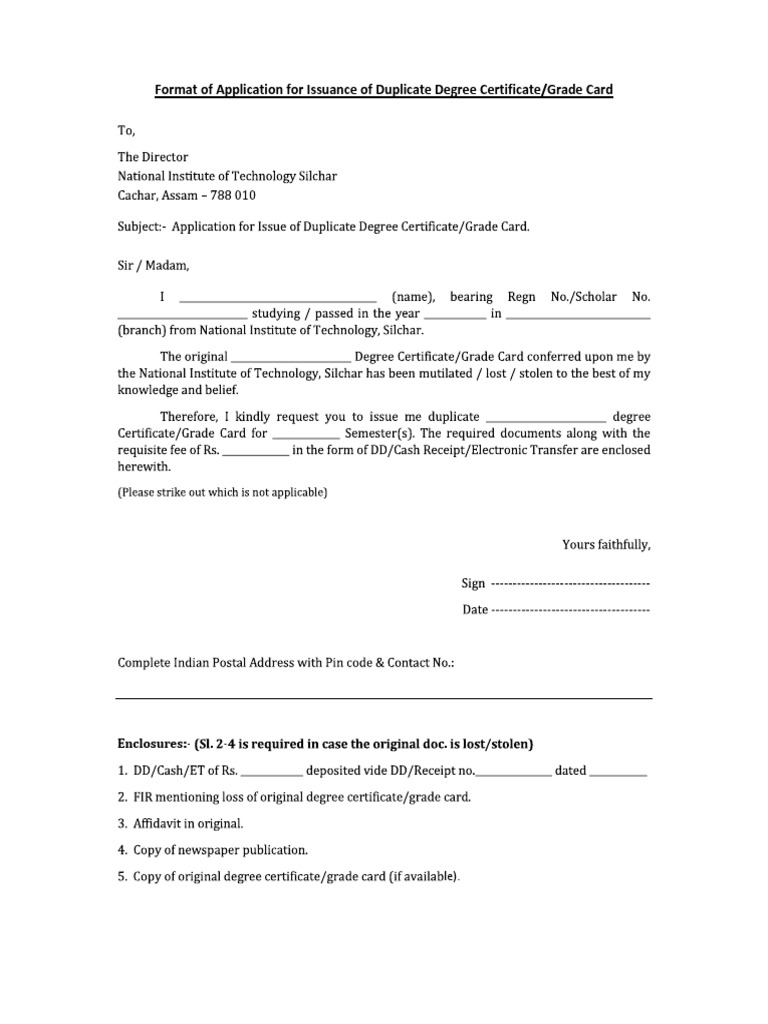 Format of Application For Issuance of Duplicate Degree Certificate ...
