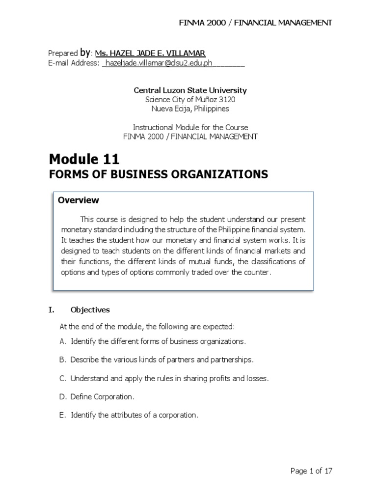 Module 11 - Forms of Business Organizations PDF | PDF | Partnership | Sole Proprietorship