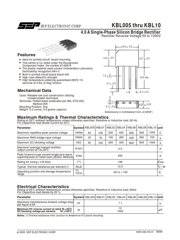 KBL005 Thru KBL10: 4.0 A Single-Phase Silicon Bridge Rectifier | PDF | Rectifier | Printed ...
