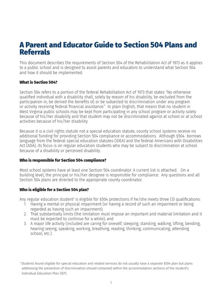 504 Plans | PDF | Section 504 Of The Rehabilitation Act | Special Education