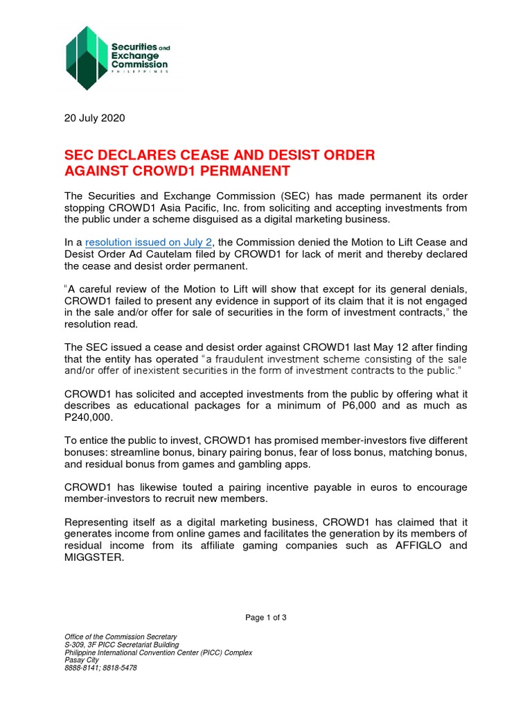 2020PressRelease SEC Declares Cease and Desist Order Against CROWD1 ...