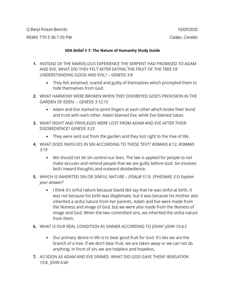 SDA Belief # 7: The Nature of Humanity Study Guide | PDF | Adam And Eve ...