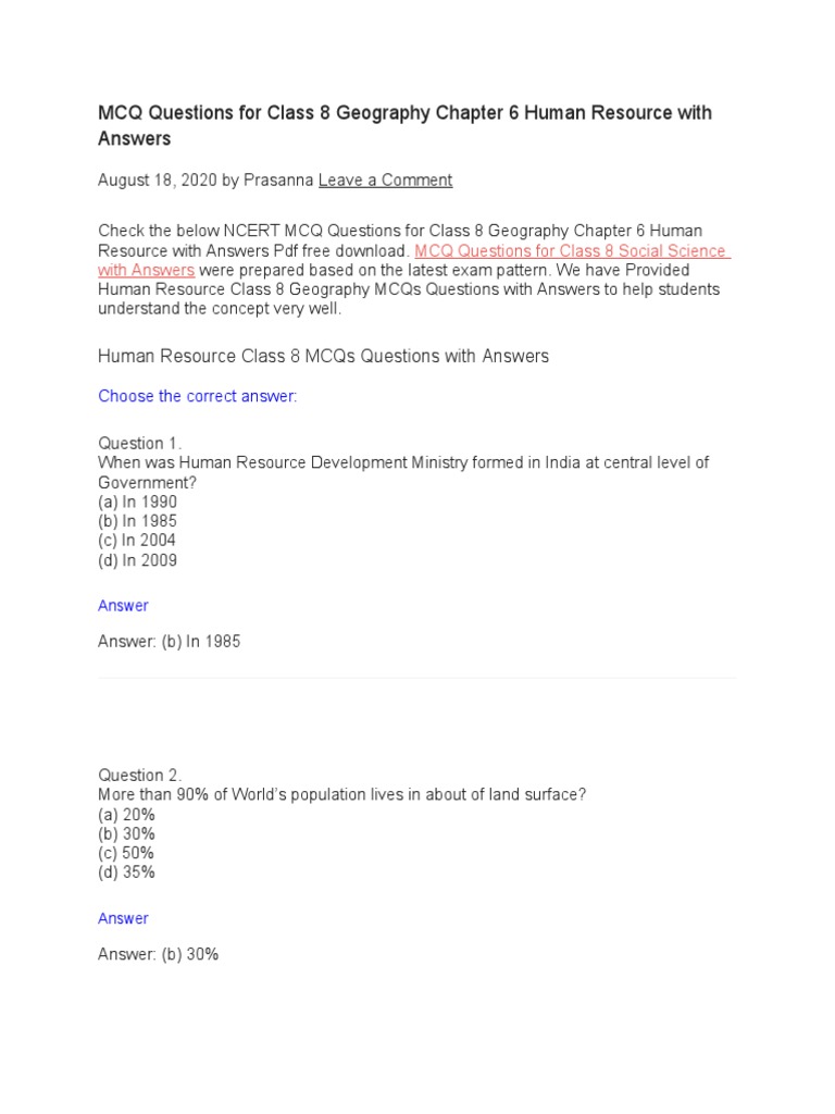 MCQ Questions For Class 8 Geography Chapter 6 Human Resource With ...