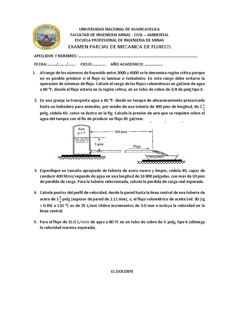 Examen PARCIAL de Mecanica de Fluidos | PDF