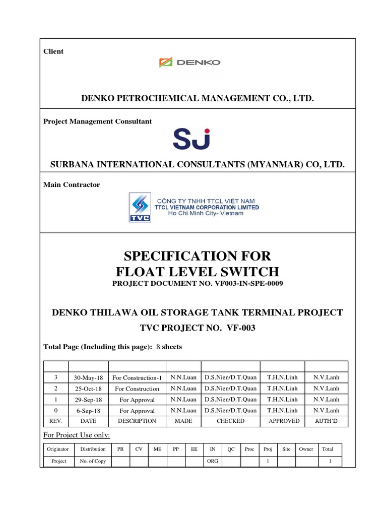 Float Level Switch Specification - AFC-1 (ALL) | PDF | Pressure | Density