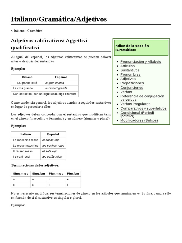 Adjetivos En Italiano Gu a Completa PDF Adjetivo Sustantivo