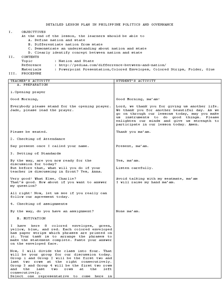 Detailed Lesson Plan in Philippine Politics and Governance | PDF | Arab ...