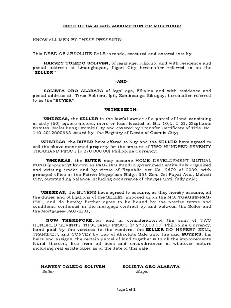Deed of Sale With Assumption of Mortgage (Alabata) | Download Free PDF ...