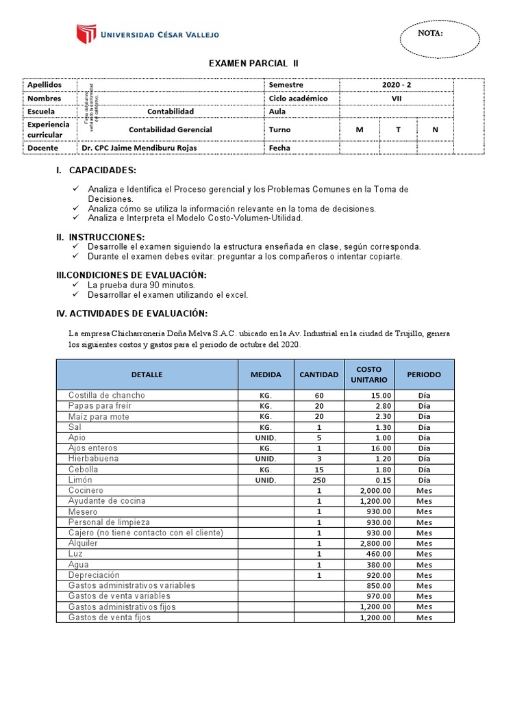 Examen Parcial Ii - 2020-2 Contabilidad Gerencial | PDF | Prueba (evaluación) | Alimentos