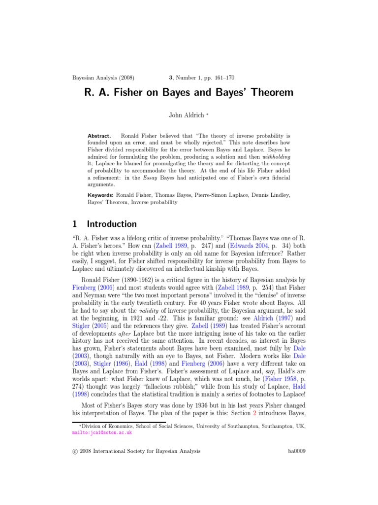 Aldrich - R. A. Fisher On Bayes and Bayes' Theorem | PDF | Statistical ...