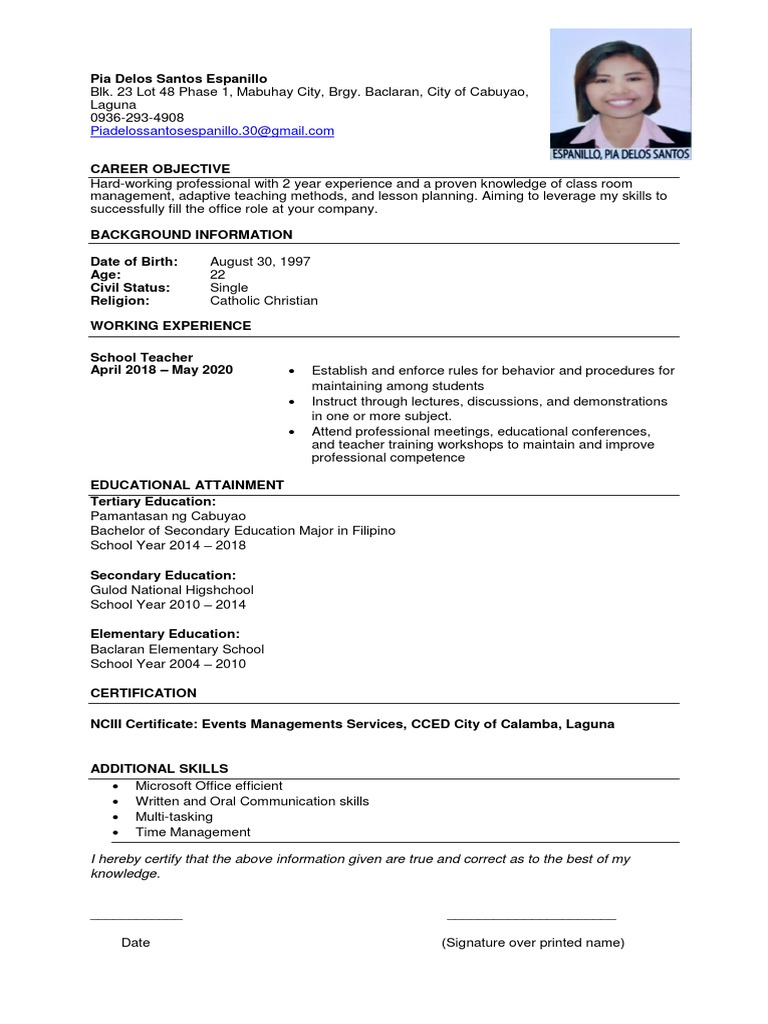 Pia Delos Santos Espanillo Resume 1 PDF | PDF