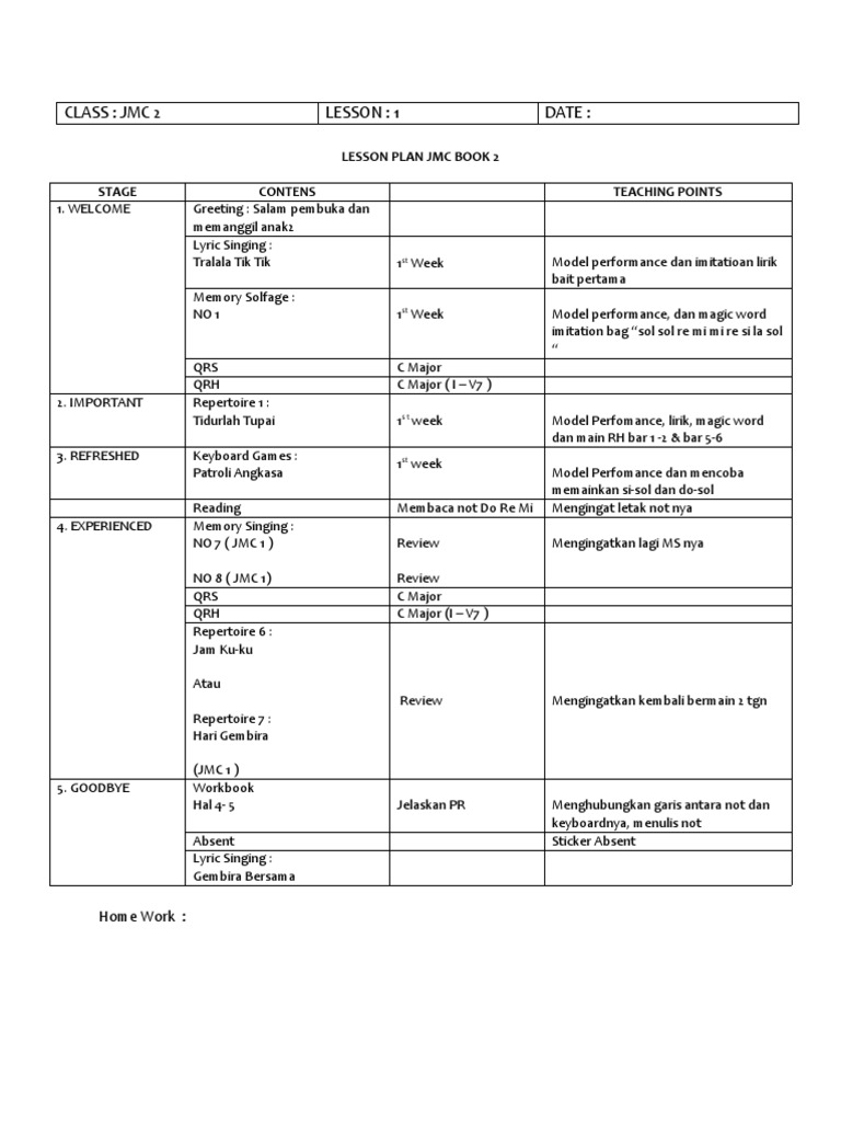 Class: JMC 2 Lesson: 1 Date:: Lesson Plan JMC Book 2 Stage Contens ...