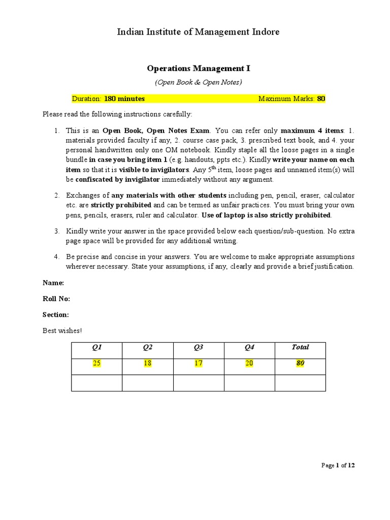 Sample Question Paper On Operations Management | PDF | Filtration | Juice