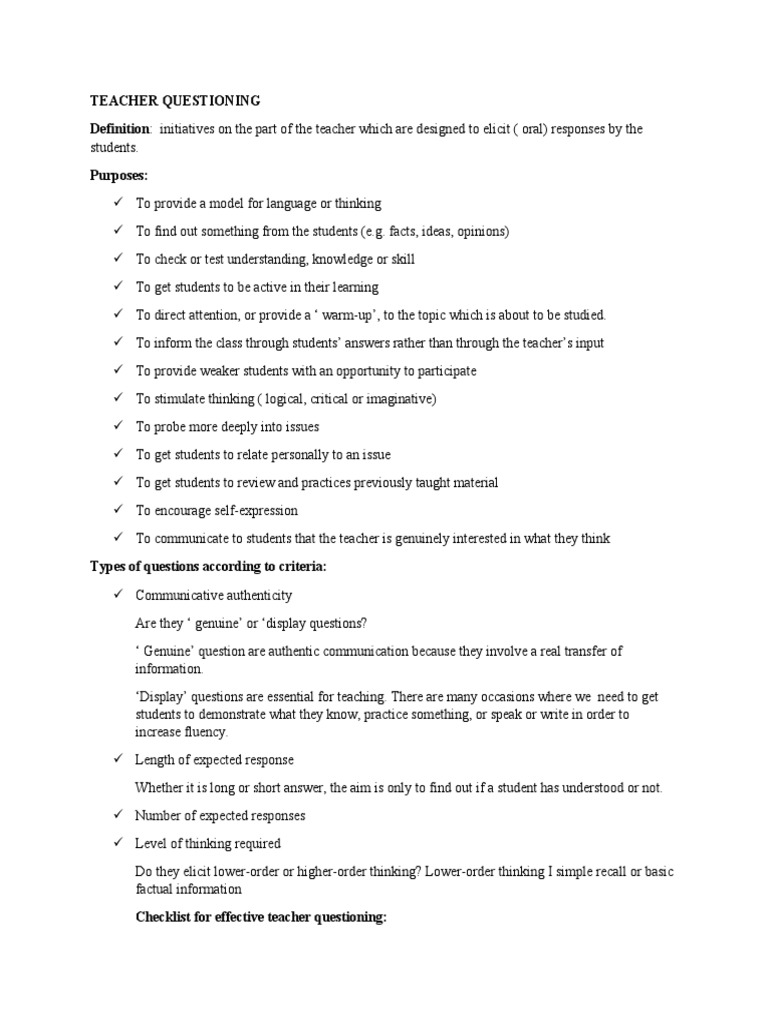 Teacher Questioning Definition: Initiatives On The Part of The Teacher ...