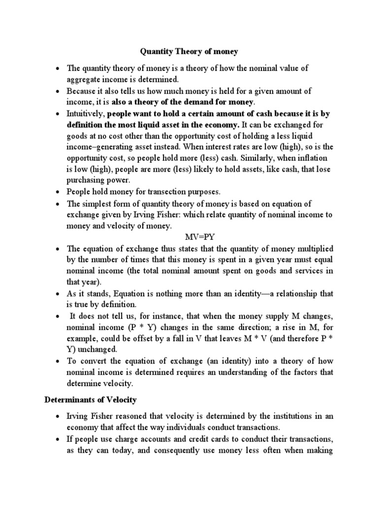 Quantity Theory of Money | PDF | Demand For Money | Quantity Theory Of ...