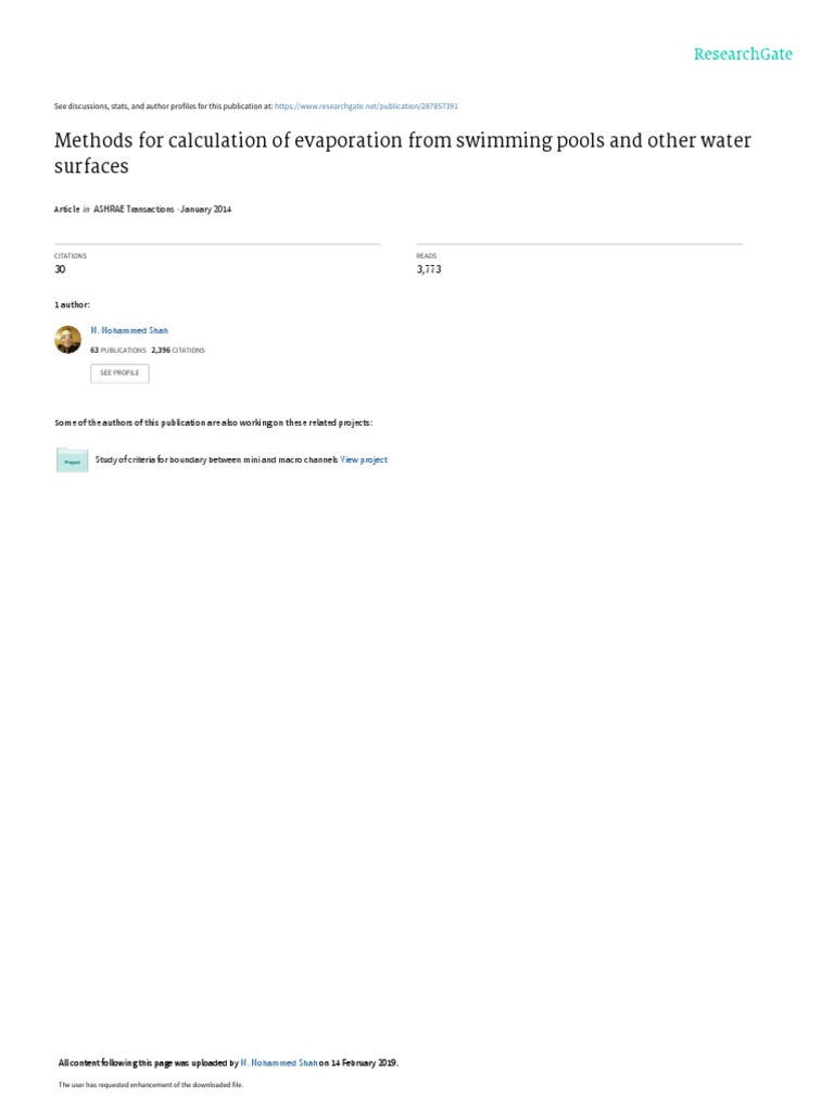 Methods For Calculation of Evaporation From Swimming Pools and Other ...