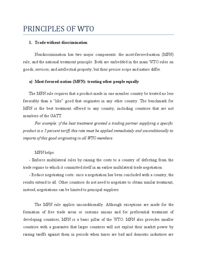 Principles of Wto: 1. Trade Without Discrimination | PDF | Most ...