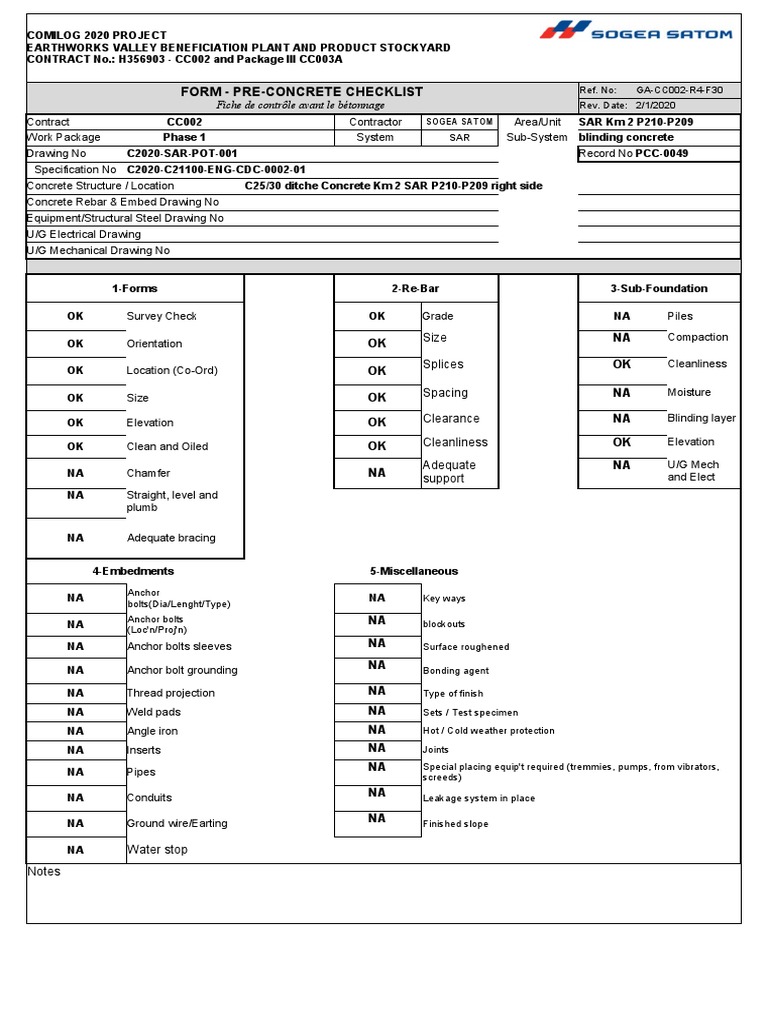 Form - Pre-Concrete Checklist: Fiche de Contrôle Avant Le Bétonnage ...