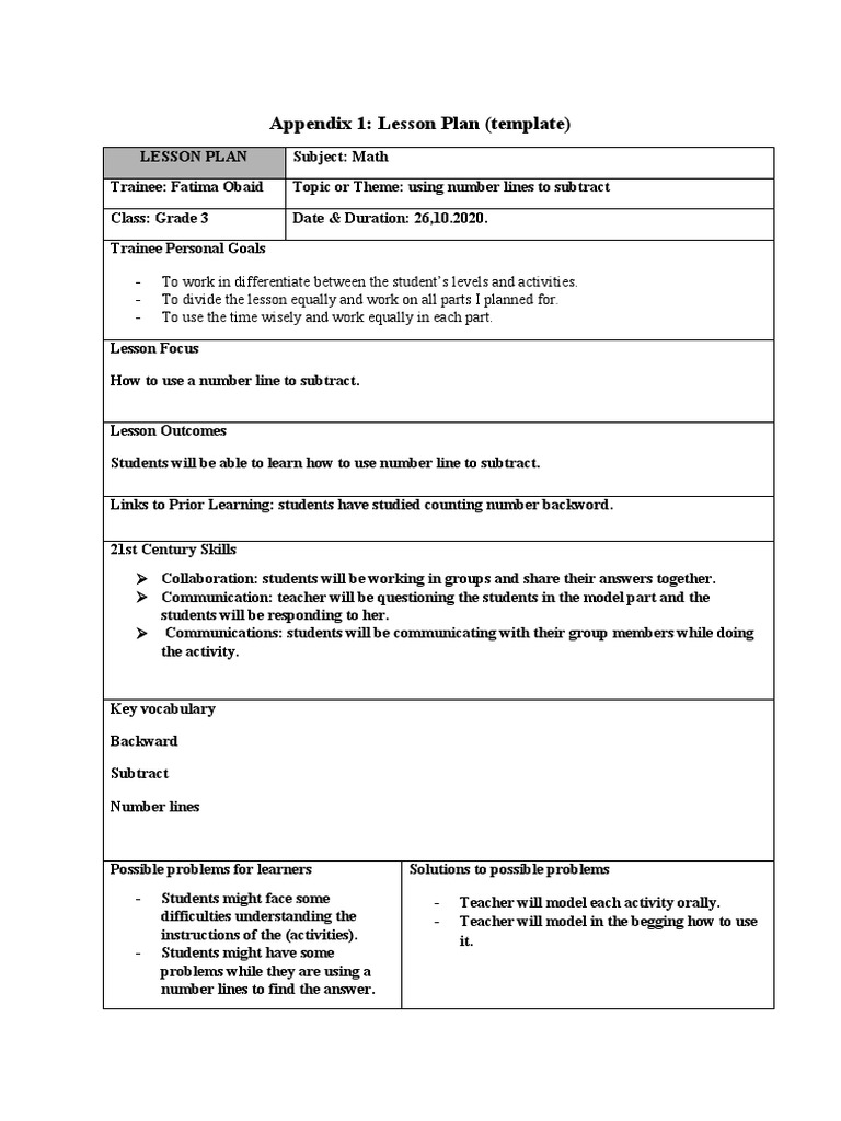 Number Line Subtraction Lesson Plan | PDF | Lesson Plan | Behavior Modification