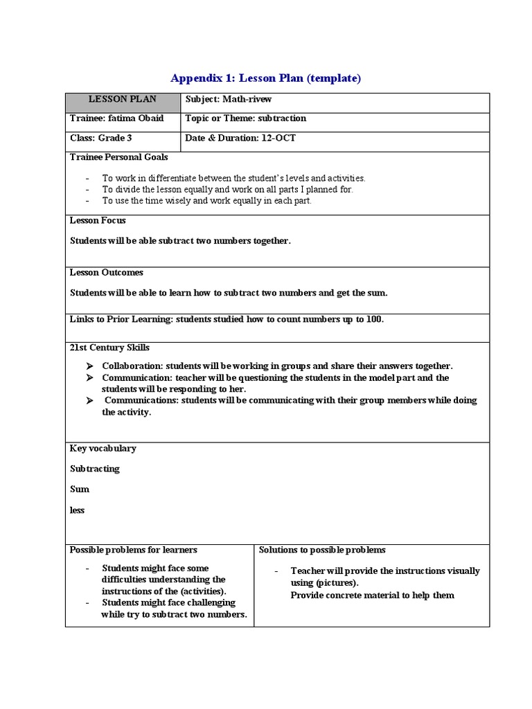 Subtraction Lesson Plan | PDF | Lesson Plan | Applied Psychology