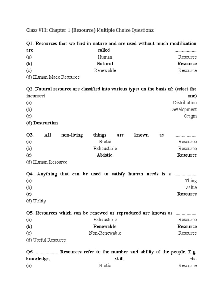 Class VIII: Chapter 1 (Resource) Multiple Choice Questions | PDF ...