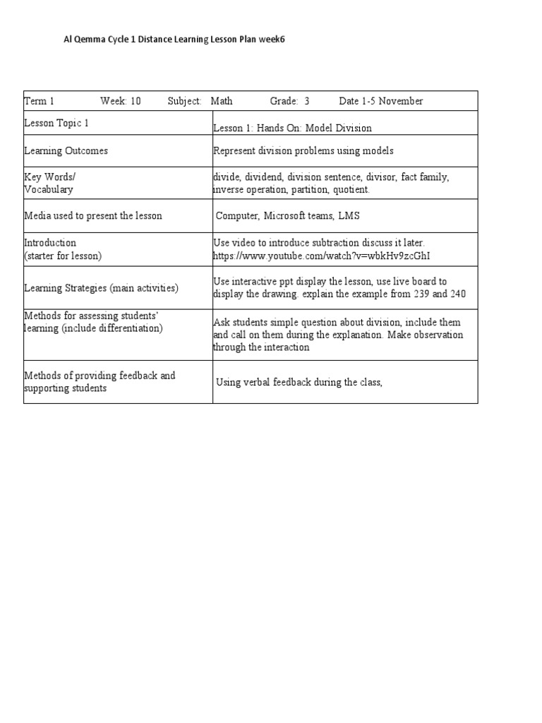 Al Qemma Cycle 1 Distance Learning Lesson Plan Week6 | Download Free ...