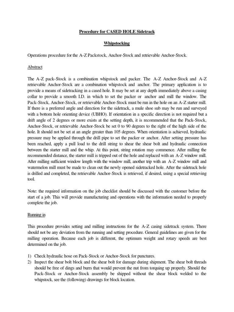 Procedure For CASED HOLE Sidetrack Whipstocking | PDF | Casing (Borehole) | Drill