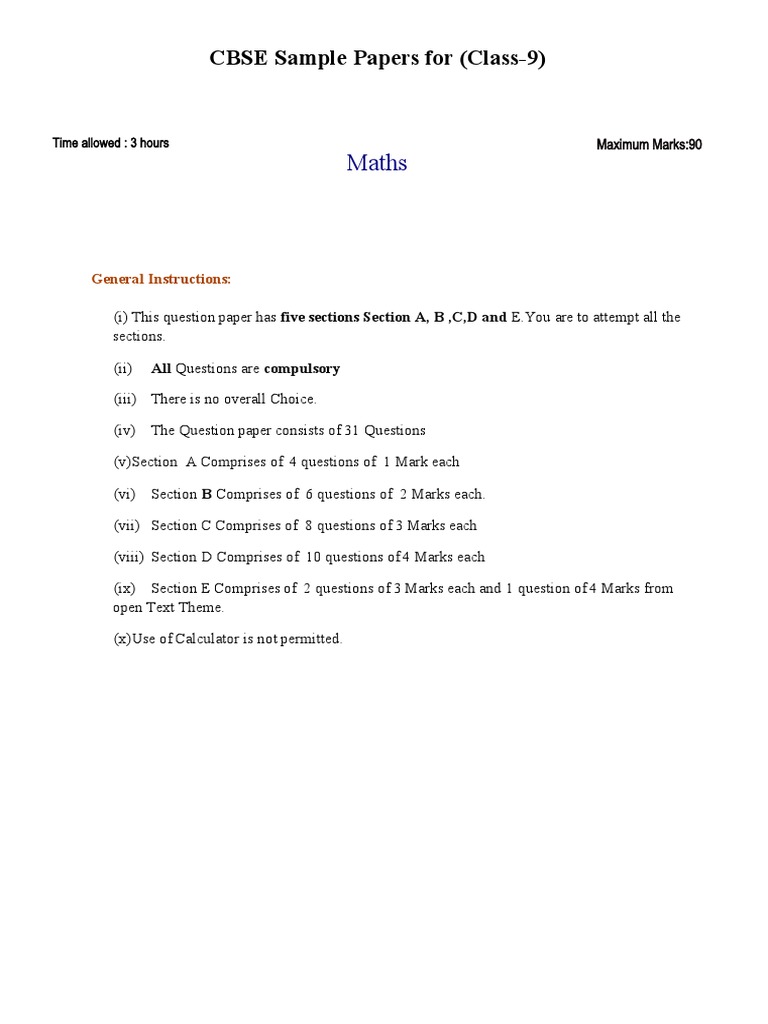 Maths: CBSE Sample Papers For (Class-9) | PDF | Euclidean Plane ...