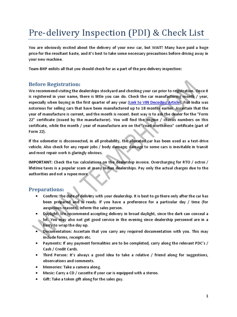 Team-BHP PDI Checklist PDF | PDF