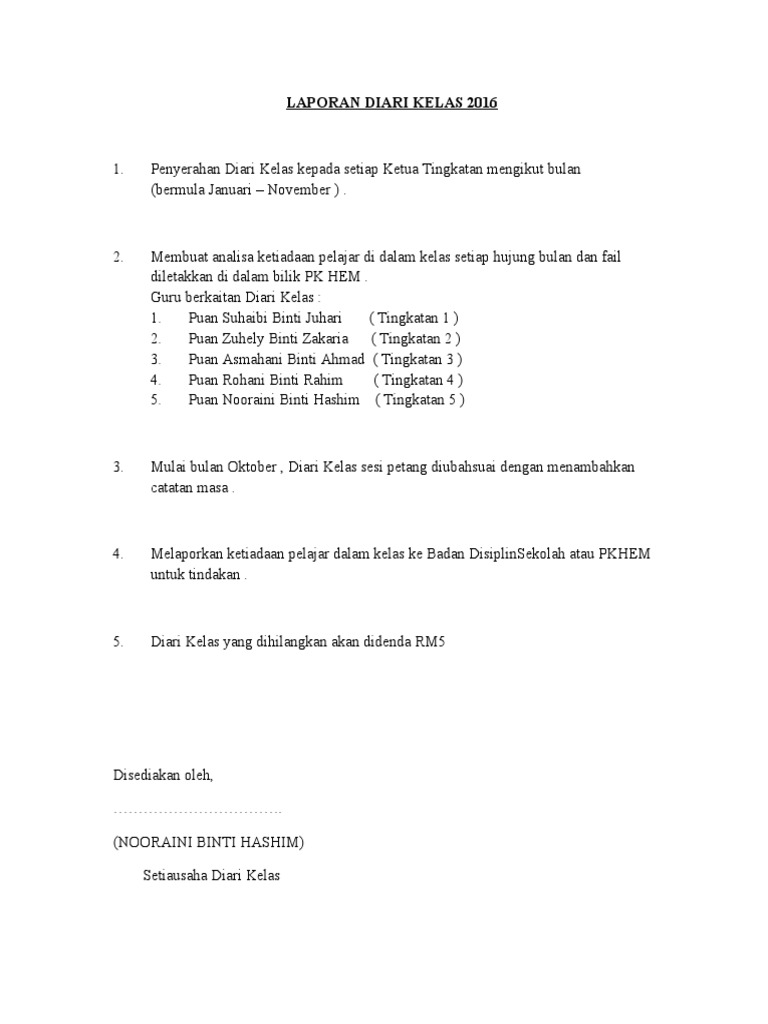 Laporan Diari Kelas 2016 | PDF | Karier & Perkembangan