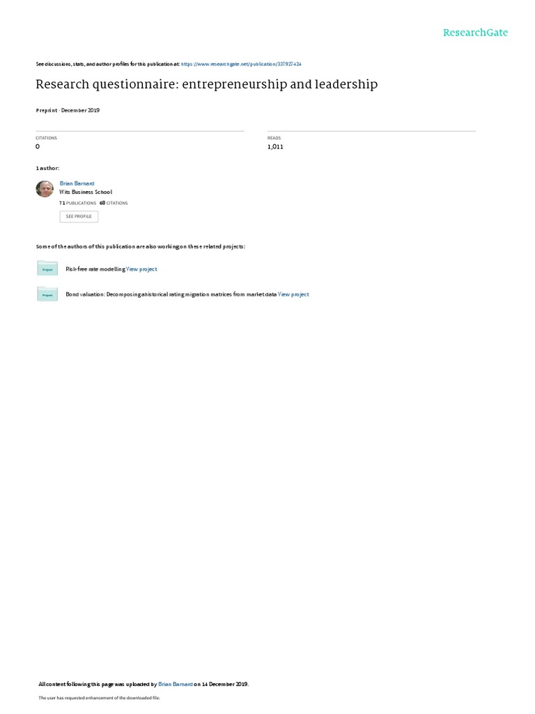 Research Questionnaire: Entrepreneurship and Leadership: December 2019 ...