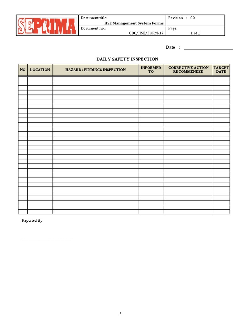 Date: Daily Safety Inspection: Document Title: Revision: 00 Document No ...