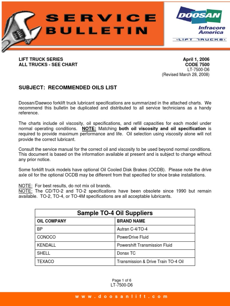 Doosan Forklift Recommended Oils Guide | PDF | Motor Oil | Horsepower