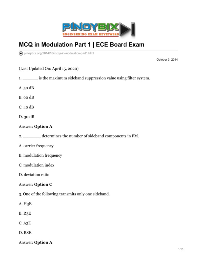 Mcq In Modulation Part 1 Ece Board Exam Pdf Frequency Modulation