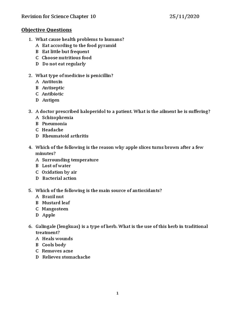 Objective Questions: Revision For Science Chapter 10 25/11/2020 | PDF ...