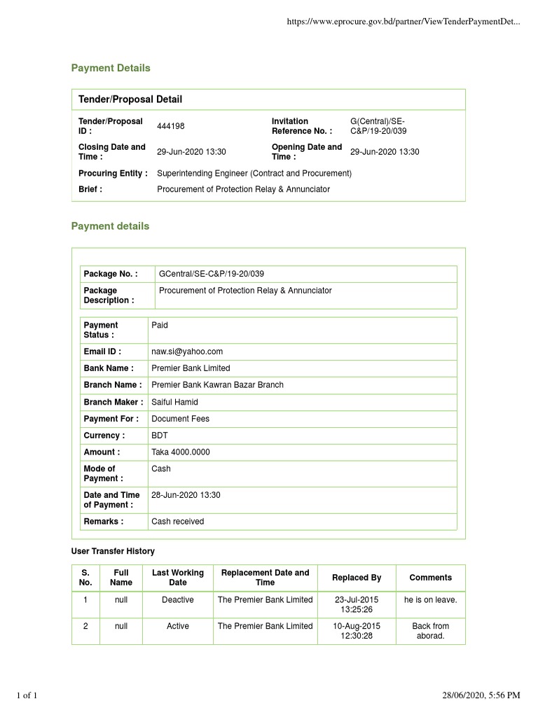 WWW - Eprocure.gov - BD Partner Tender Document Payment Details | PDF