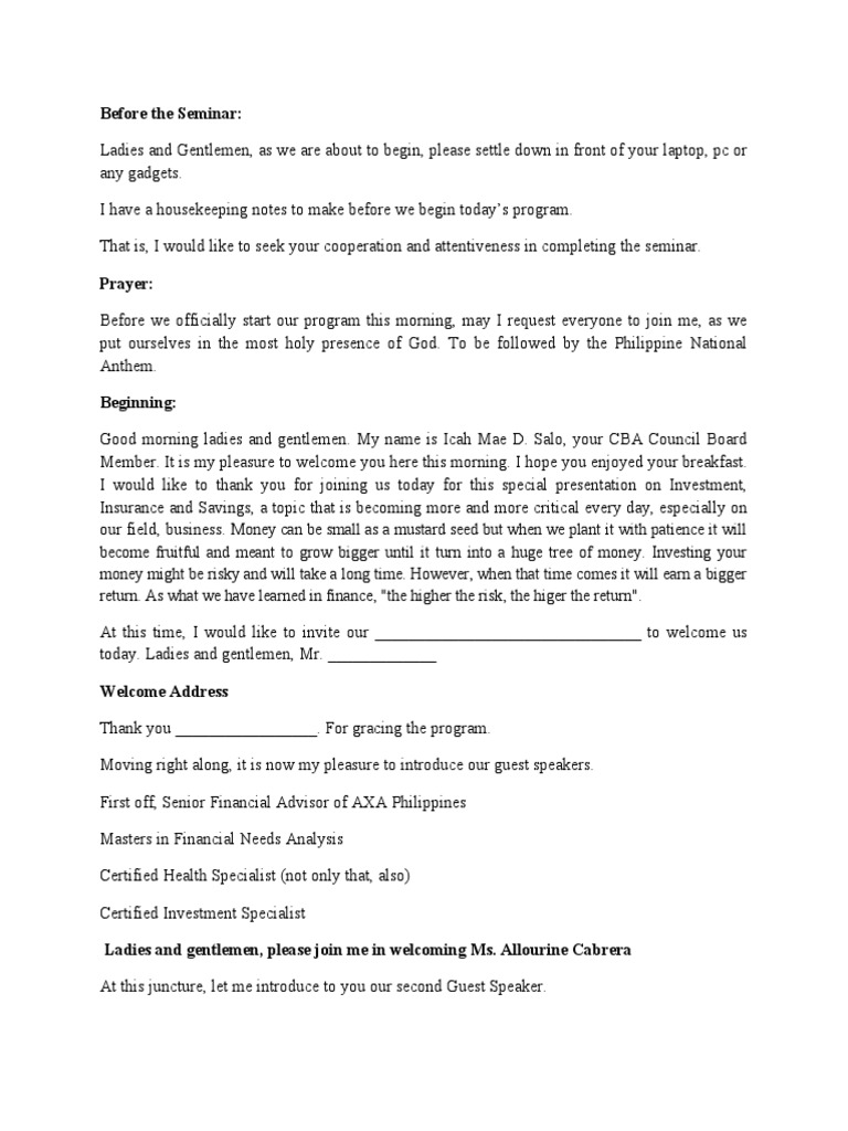 Script For Seminar (Investment, Insurance and Savings) | Download Free ...