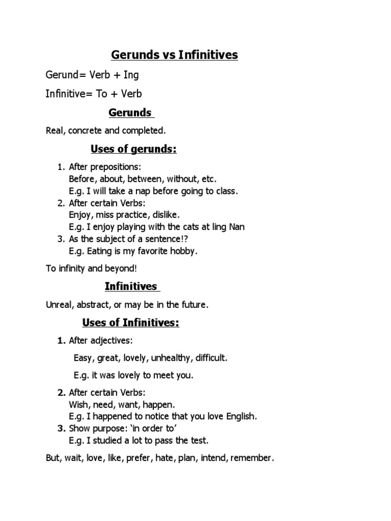Gerunds Vs Infinitives: Gerund Verb + Ing Infinitive To + Verb | PDF ...