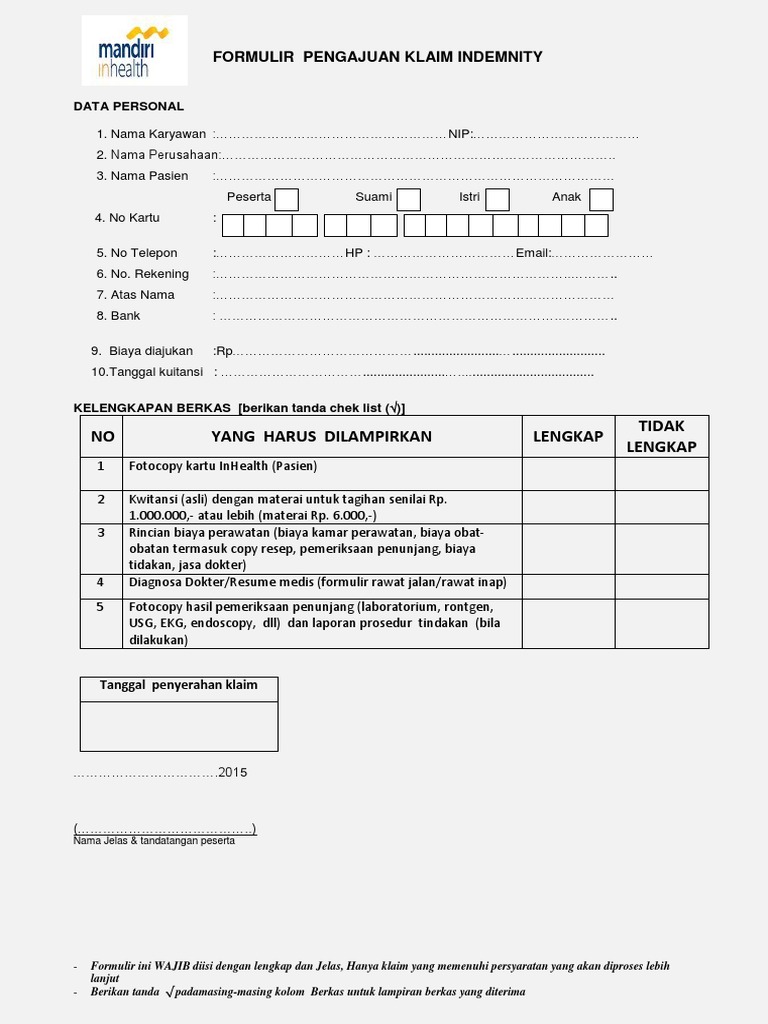 Form Pengajuan Klaim Indemnity PDF | PDF