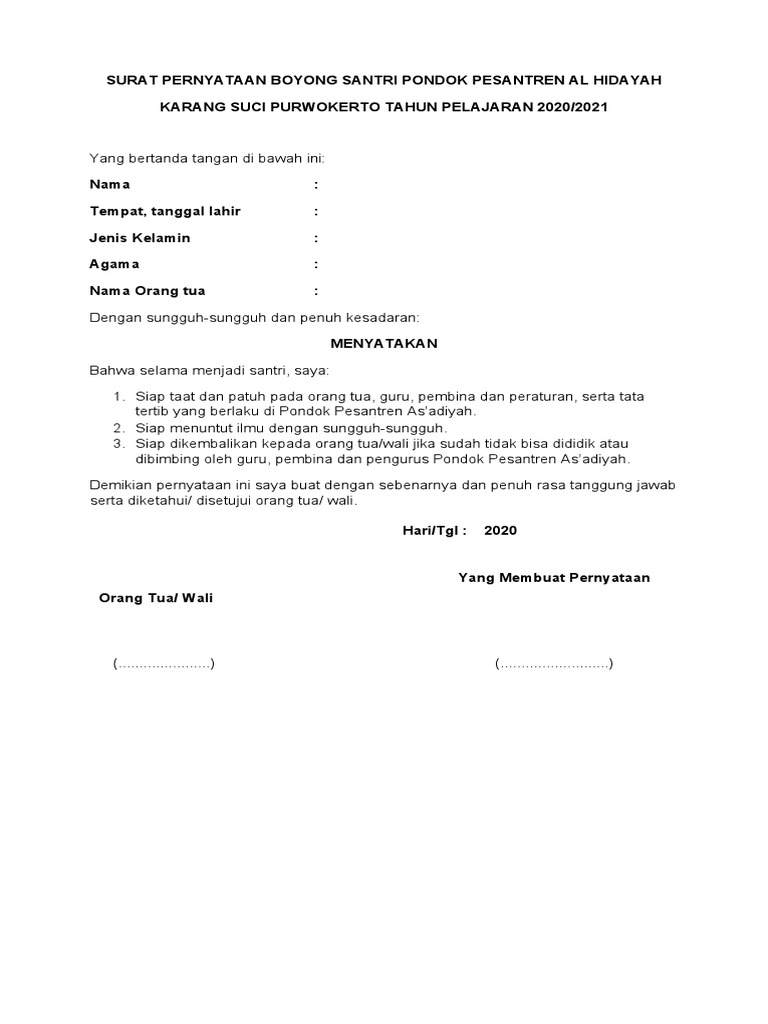 SURAT PERNYATAAN SANTRI PONDOK PESANTREN AS Dikonversi | PDF