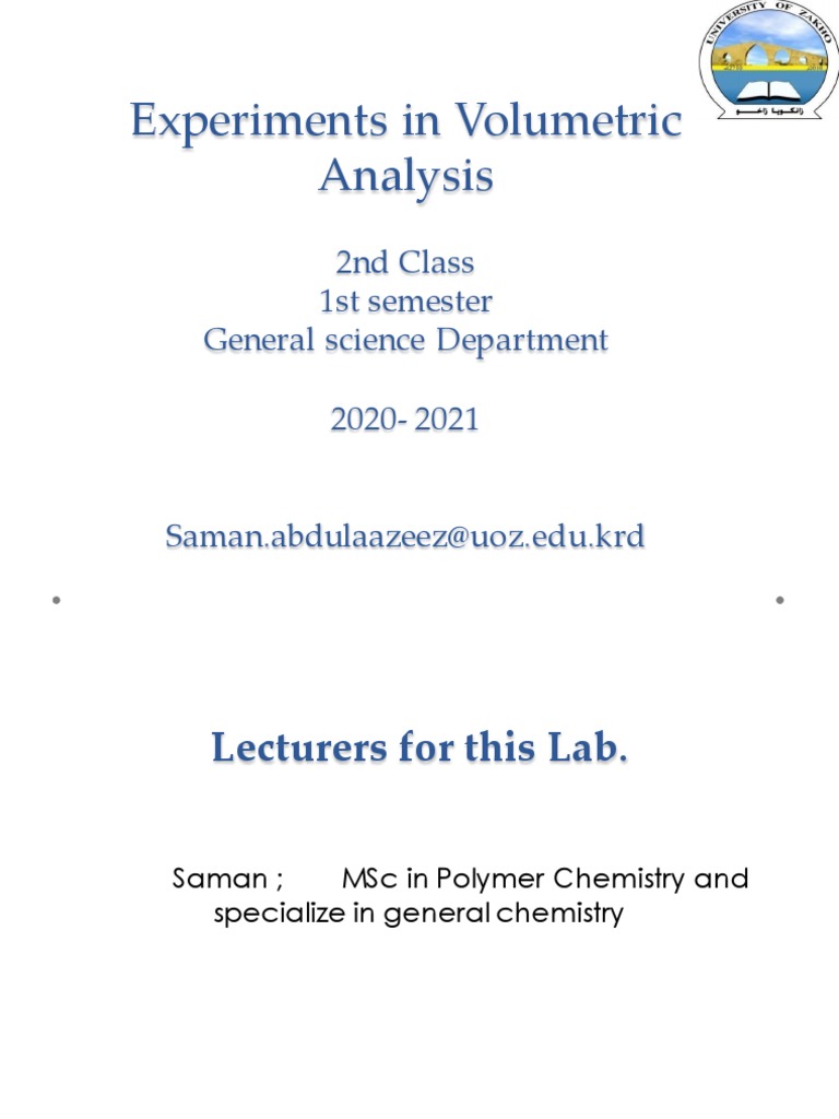 Experiments in Volumetric Analysis: 2nd Class 1st Semester General ...