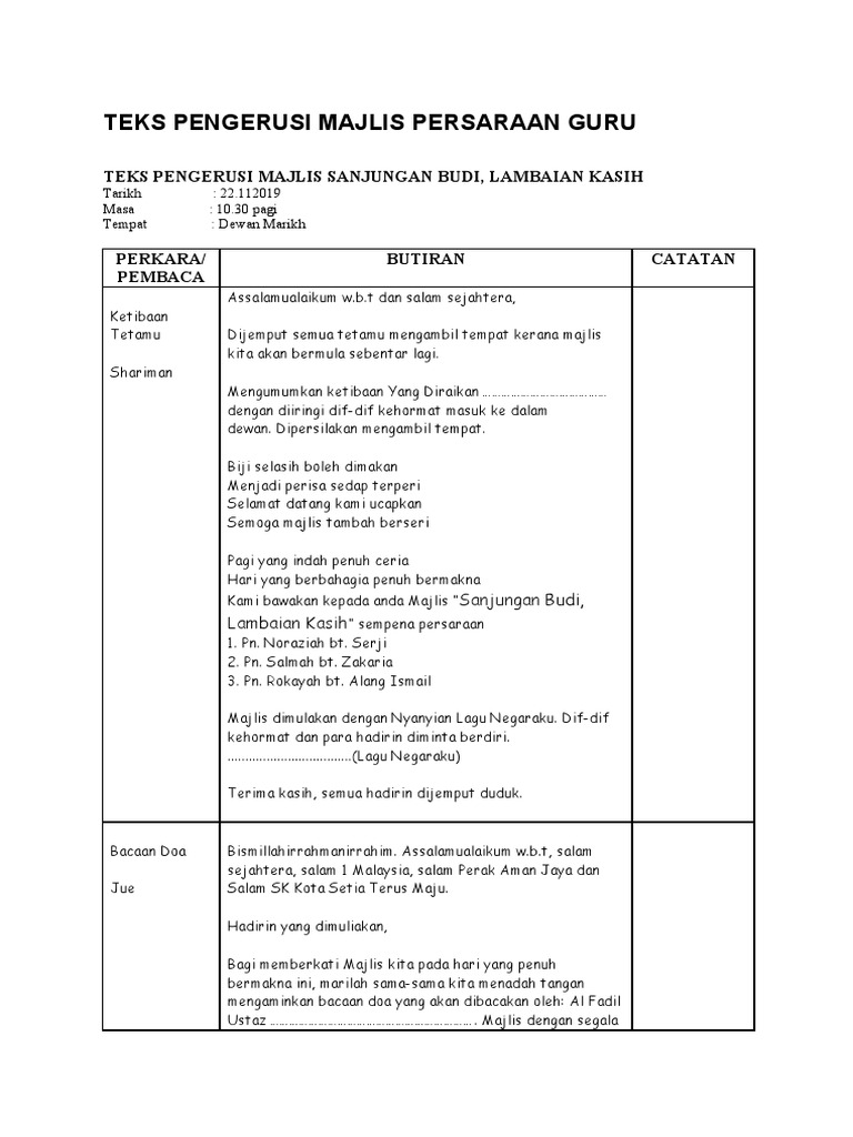 TEKS PENGERUSI MAJLIS PERSARAAN GURU SKKJ | PDF