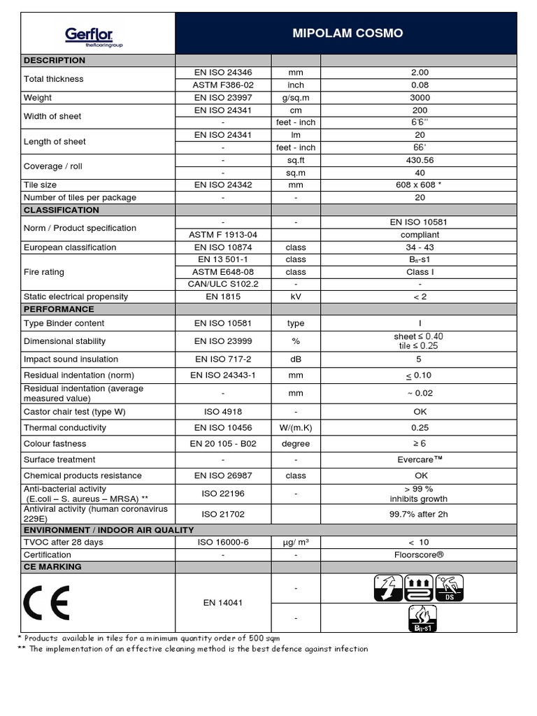 Gerflor Tech Datasheet Mipolam Cosmo Roll Tile en 24 06 20 | PDF | Building Engineering | Materials