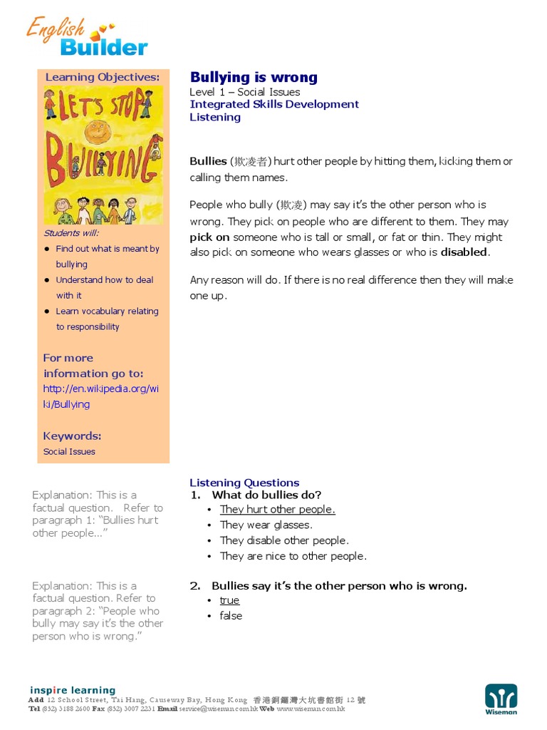 Bullying Is Wrong: Learning Objectives | PDF | Bullying | Cognitive Science