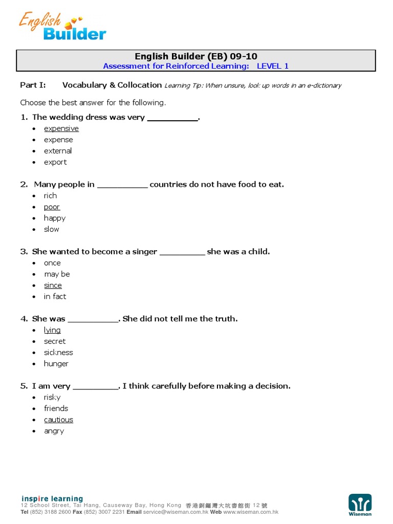English Builder (EB) 09-10: Assessment For Reinforced Learning: LEVEL 1 ...