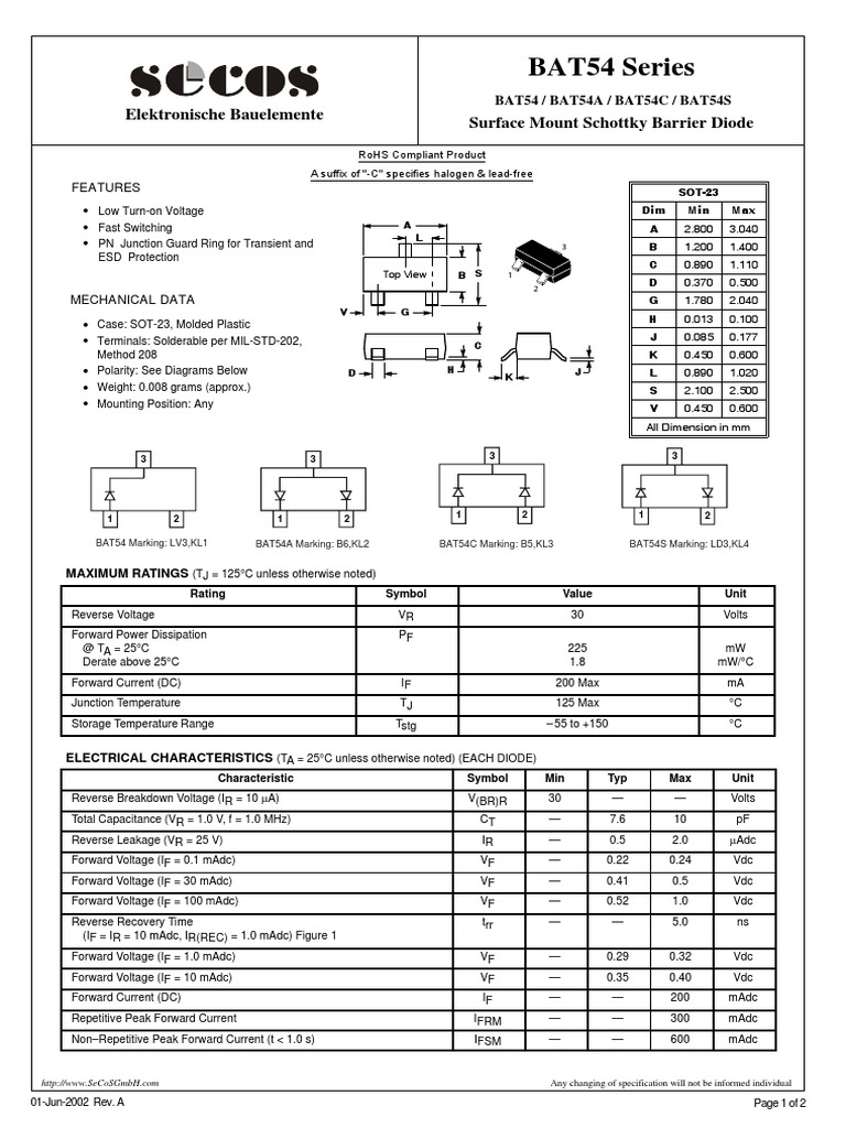 BAT54 Series: Surface Mount Schottky Barrier Diode Elektronische ...