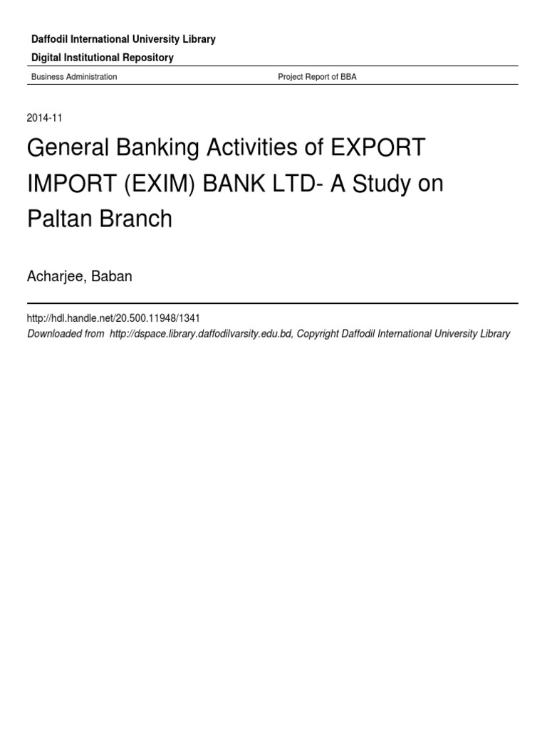 General Banking Activities of EXPORT Import (Exim) Bank Ltd-A Study On ...